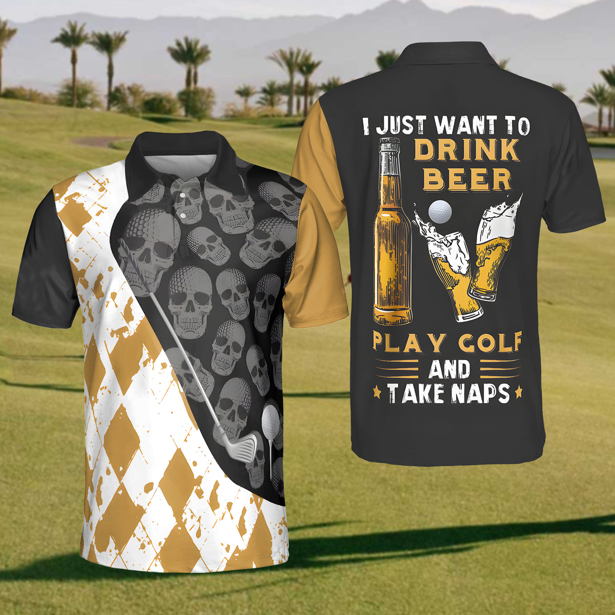 Mens Skull Drinking Beer Polo Shirt – cozypantsus