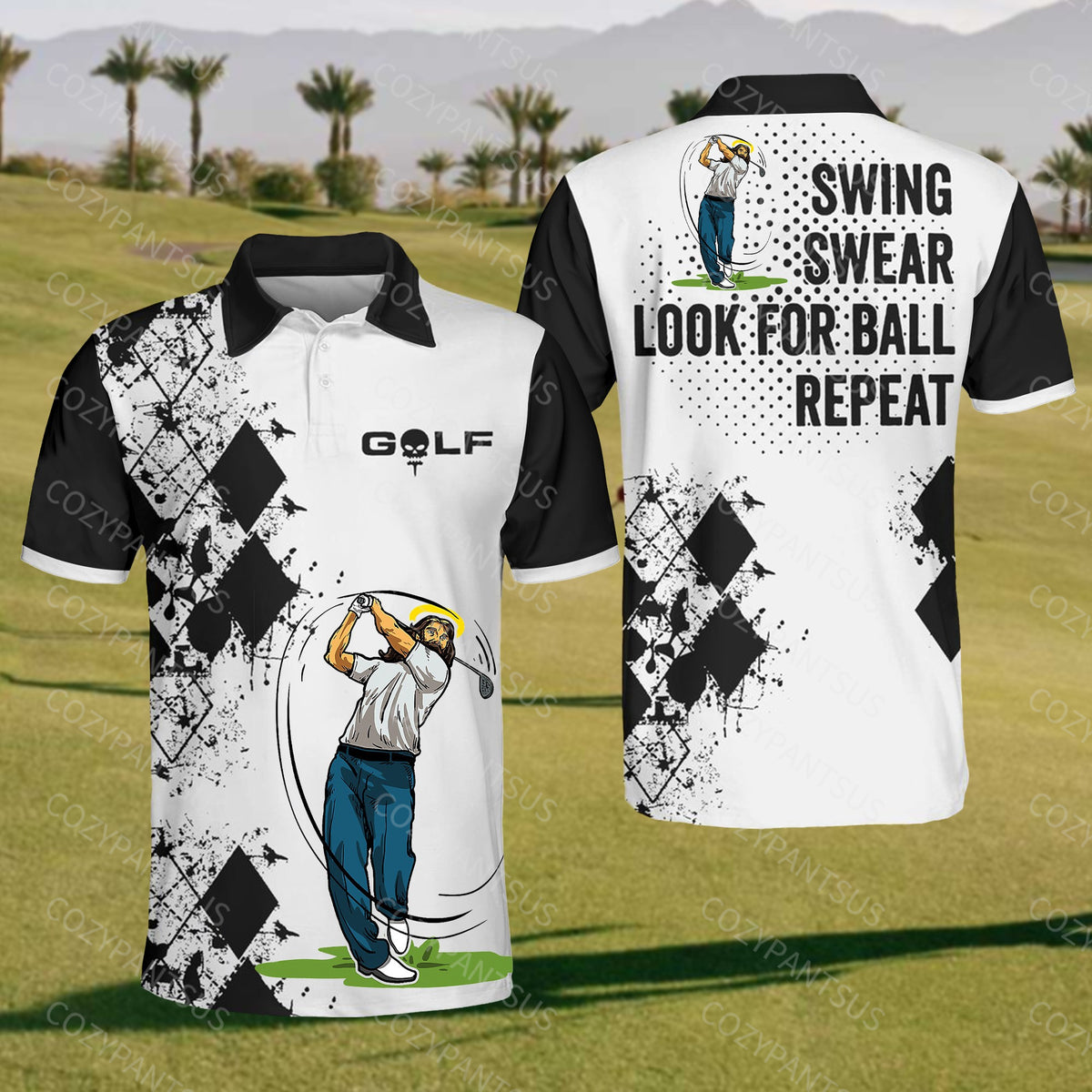 Jesus Golf Swing Swear Looking For Ball Repeat Polo Shirt For Men ...