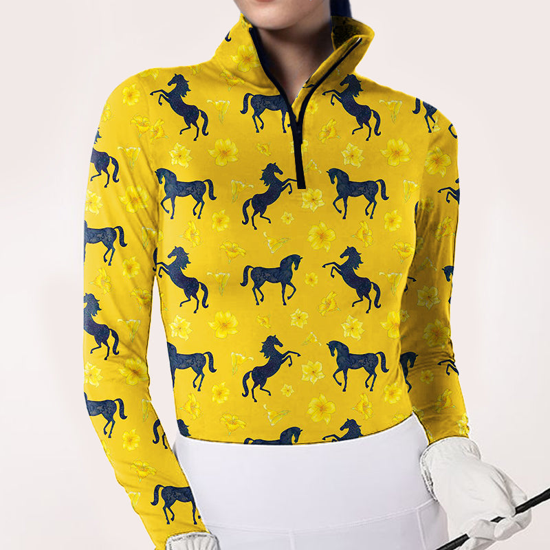 Women's Yellow Equestrian Print Long Sleeve Shirt – cozypantsus